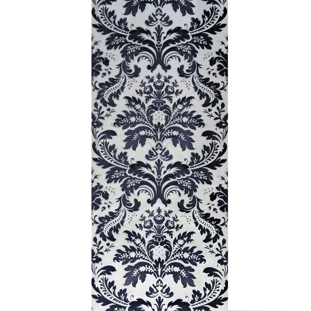 700011 Wallpaper flocking navy blue silver gray metallic damask velvet – wallcoveringsmart