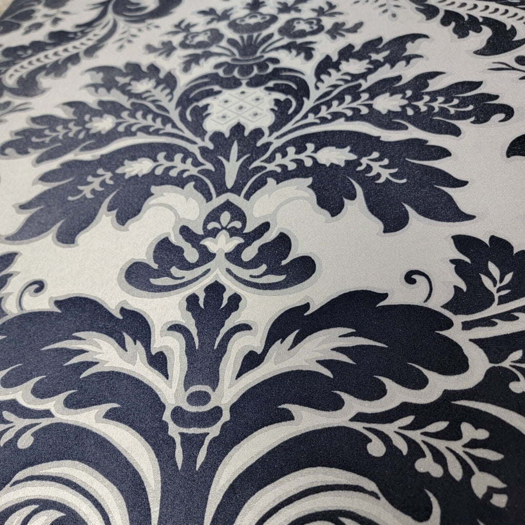 700011 Wallpaper flocking navy blue silver gray metallic damask velvet – wallcoveringsmart