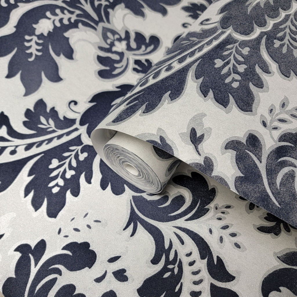 700011 Wallpaper flocking navy blue silver gray metallic damask velvet – wallcoveringsmart