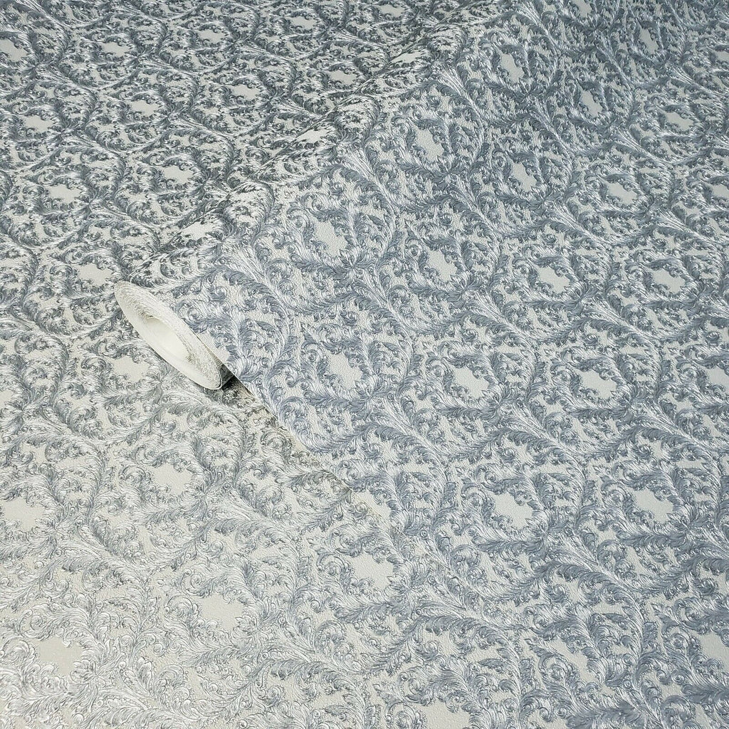 4505-03 Embossed Victorian mini damask gray silver metallic Wallpaper ...