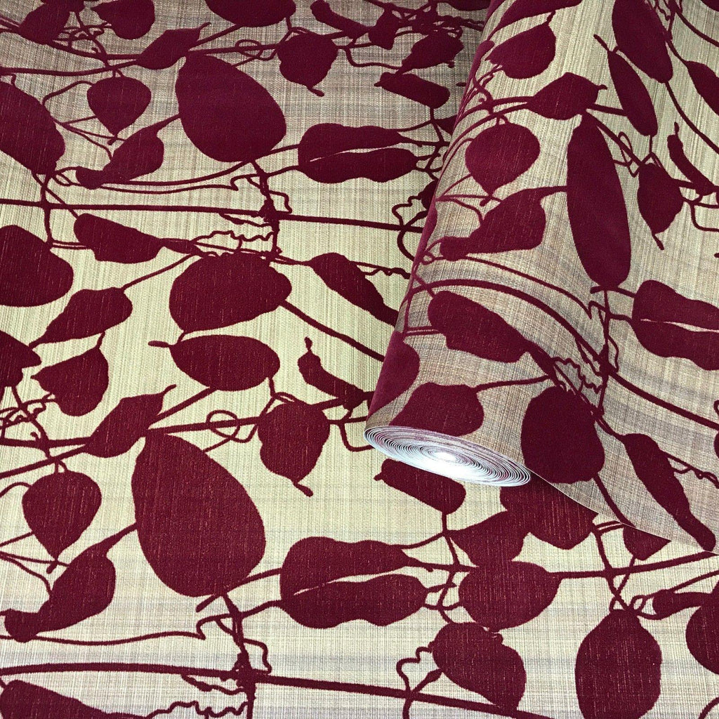 135055 Gold Burgundy Flock tree Leaf Wallpaper Flocking leaves ...