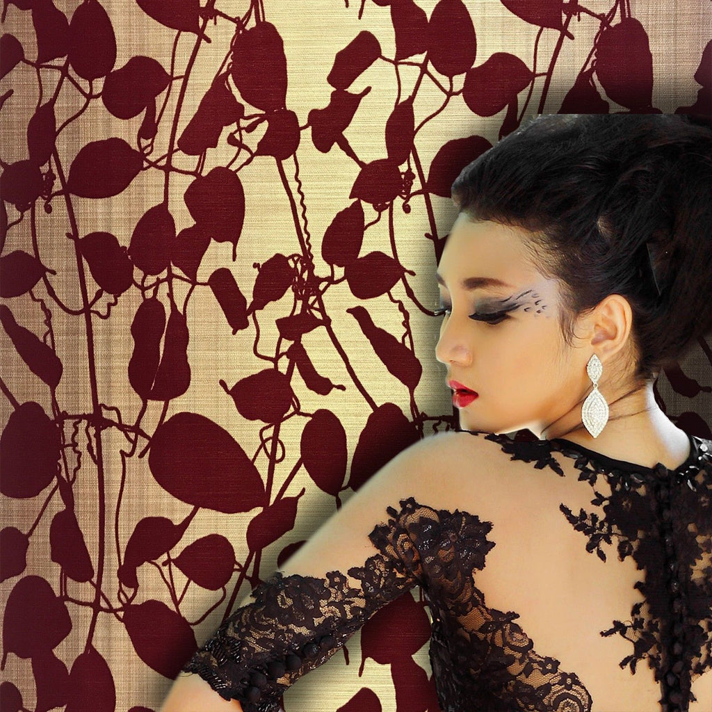 135055 Gold Burgundy Flock tree Leaf Wallpaper Flocking leaves ...