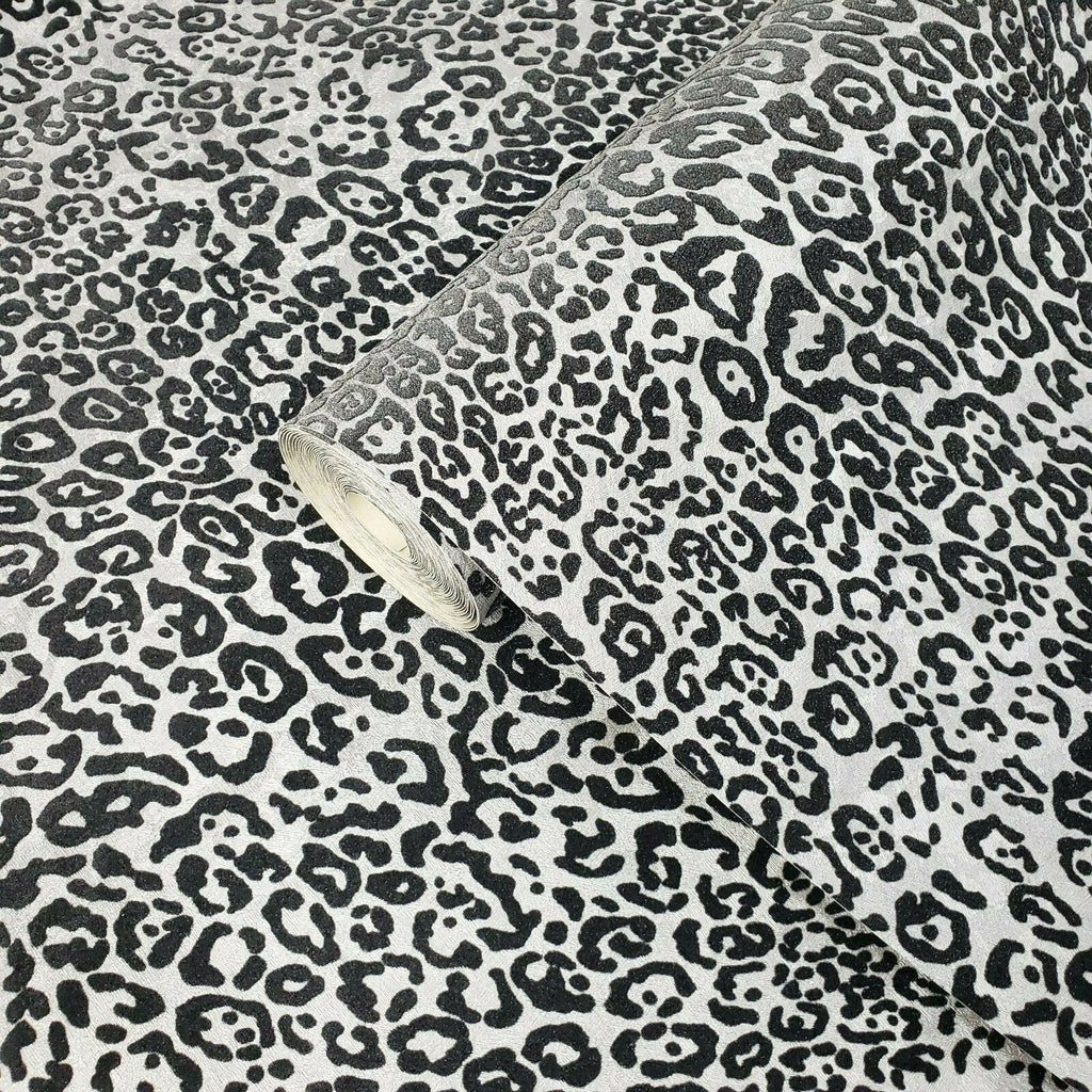 115017 Wallpaper black silver Metallic Textured Flocked jaguar leopard ...