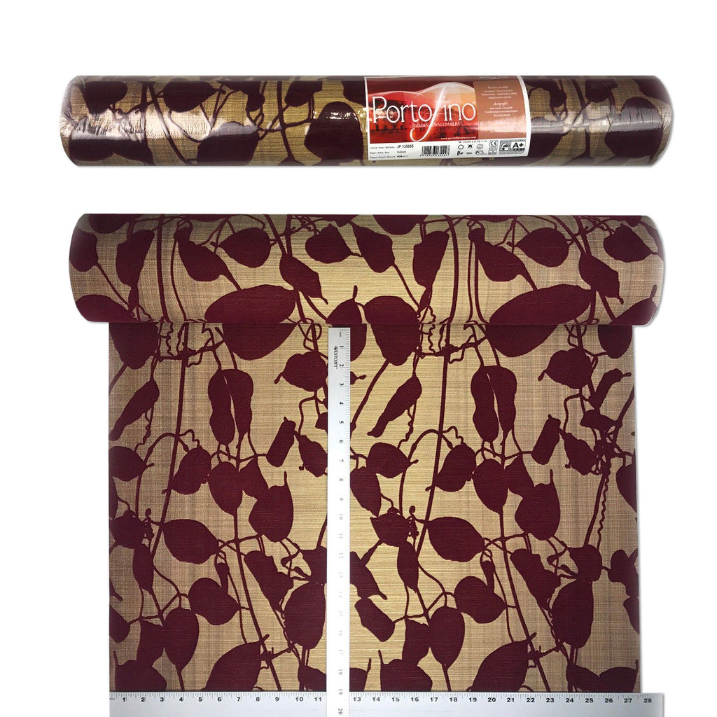 135055 Gold Burgundy Flock tree Leaf Wallpaper Flocking leaves ...