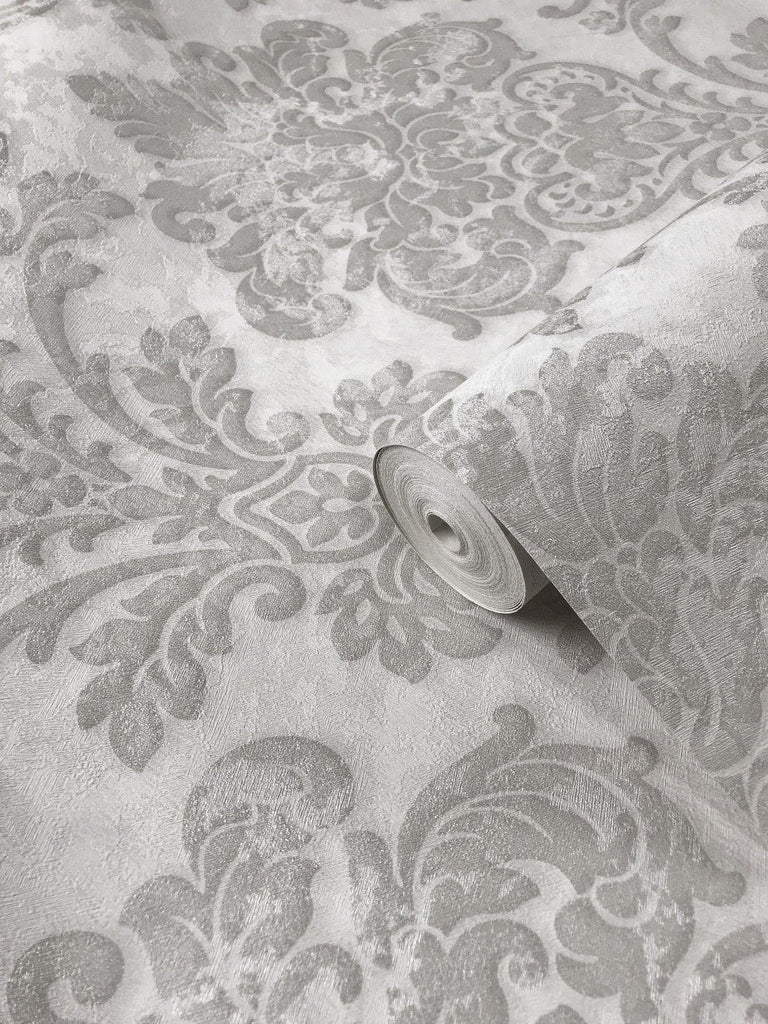 500002 White Gray Silver Rustic Damask Wallpaper textured ...
