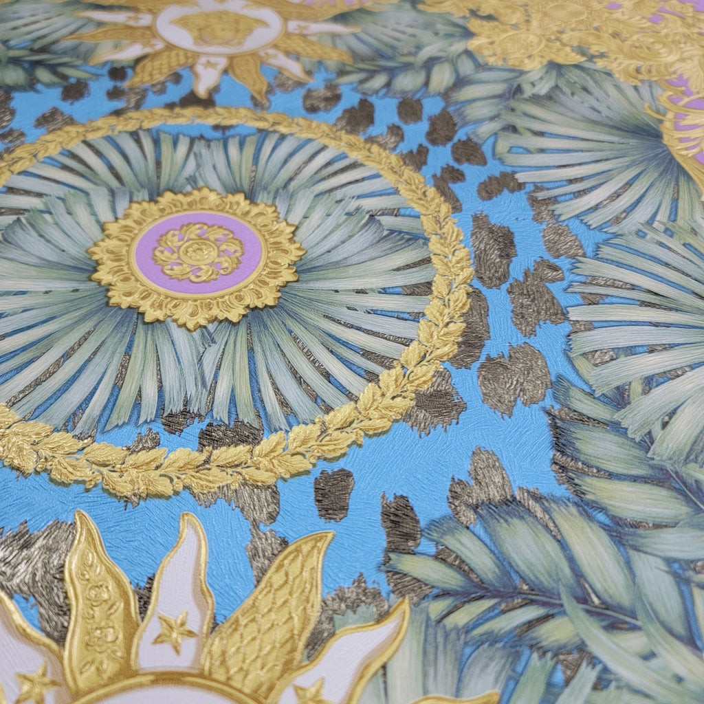 38703-1 Versace Tropical Palm Leaf Purple Teal Green Gold Panel Wallpa ...