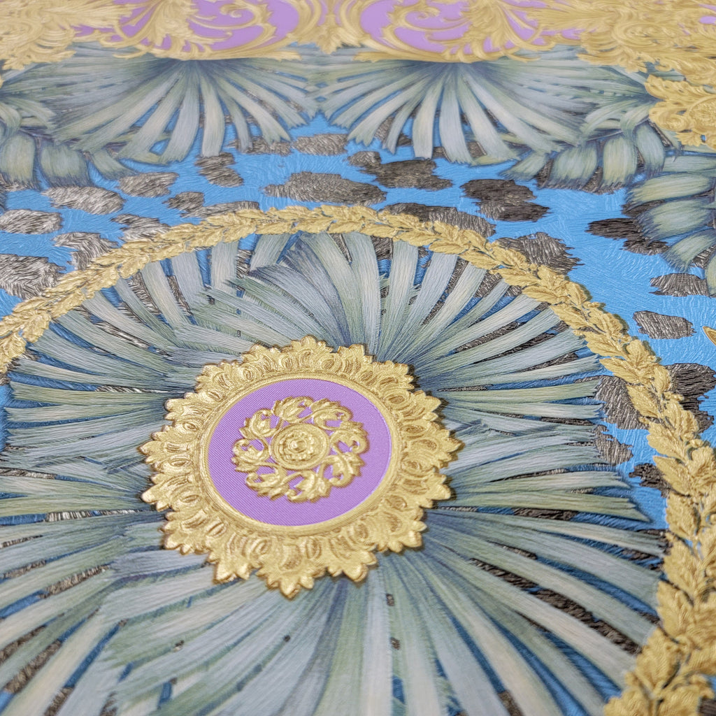38703-1 Versace Tropical Palm Leaf Purple Teal Green Gold Panel Wallpa ...