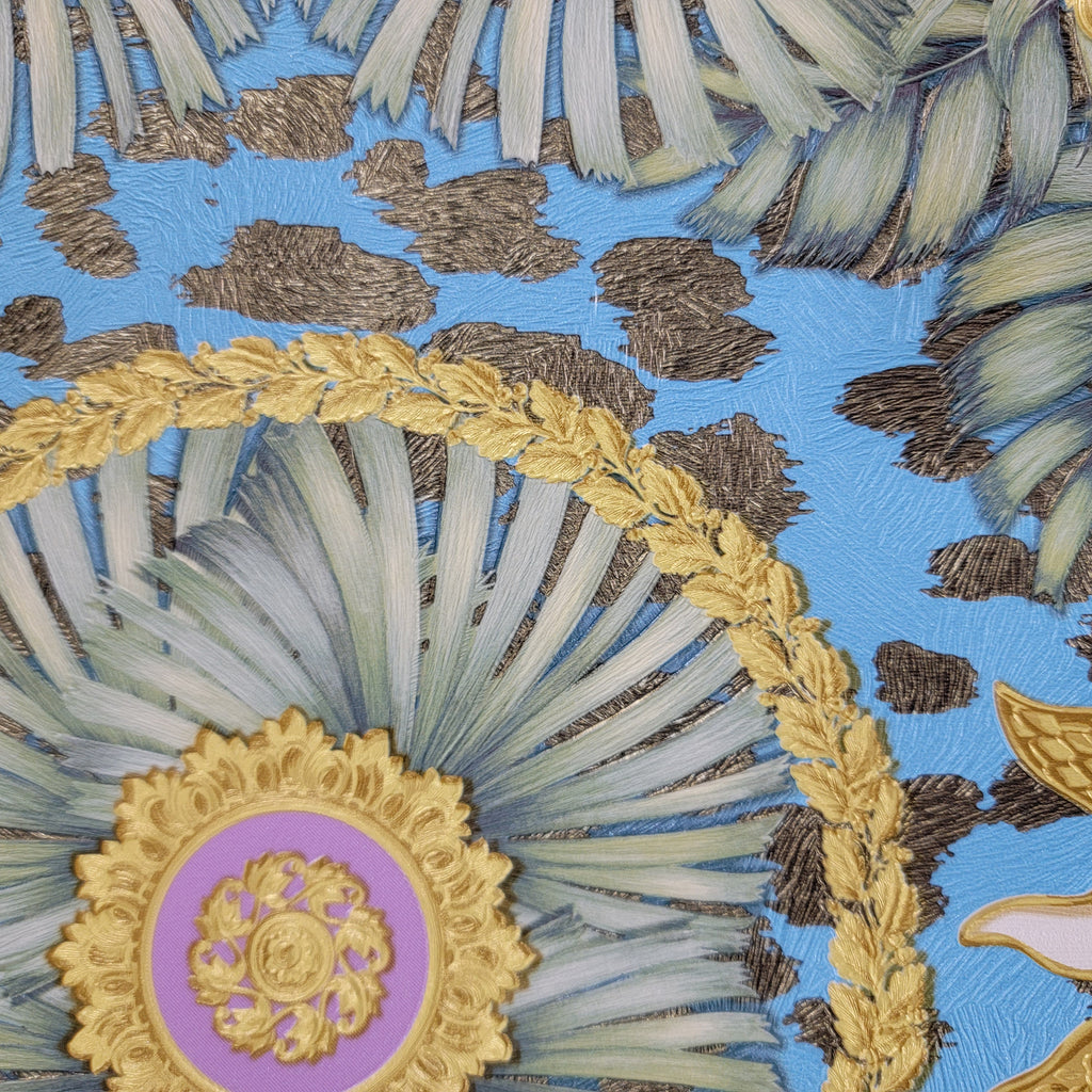 38703-1 Versace Tropical Palm Leaf Purple Teal Green Gold Panel Wallpa ...