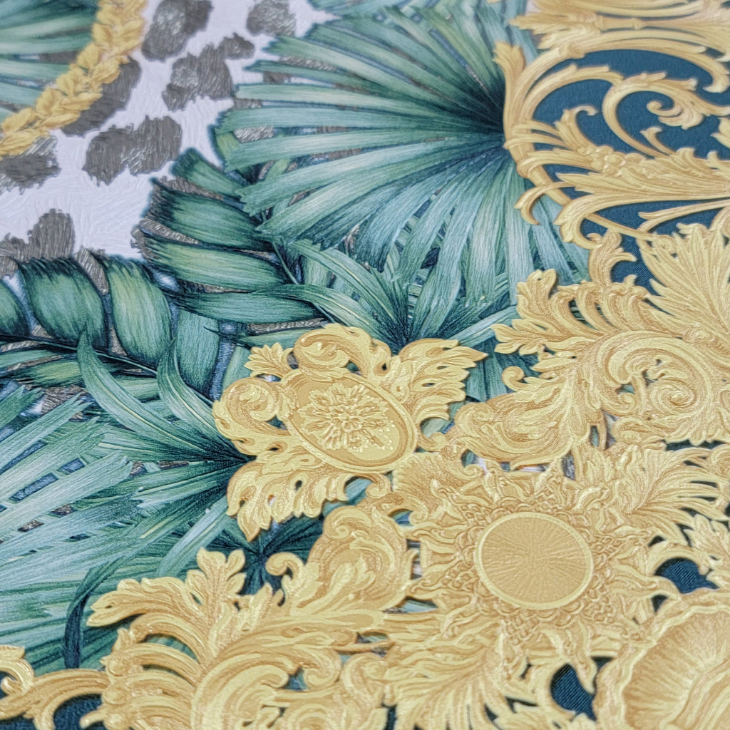 38703-4 Versace Green Olive Tropical Palm Leaf Gold White Wallpaper ...