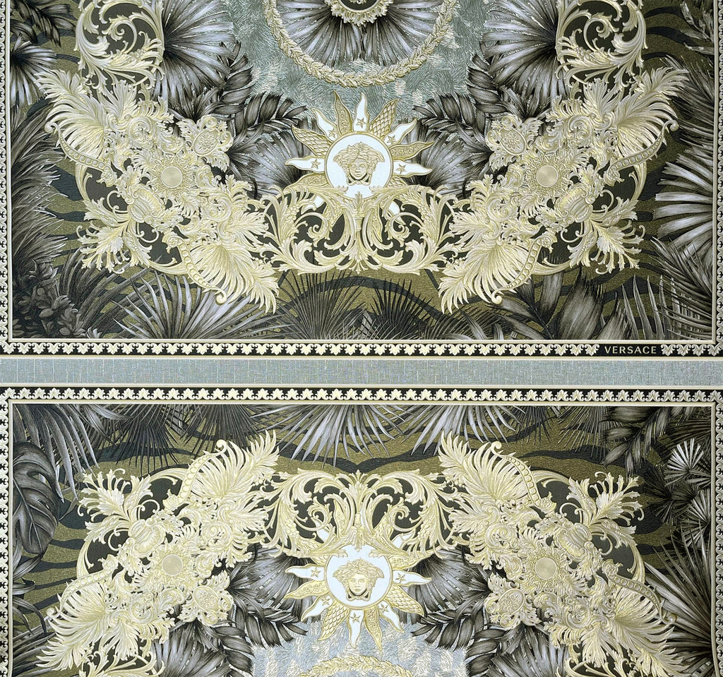 38703-5 Versace Brown Bronze Tropical Palm Leaf Baroque Panel Wallpape ...